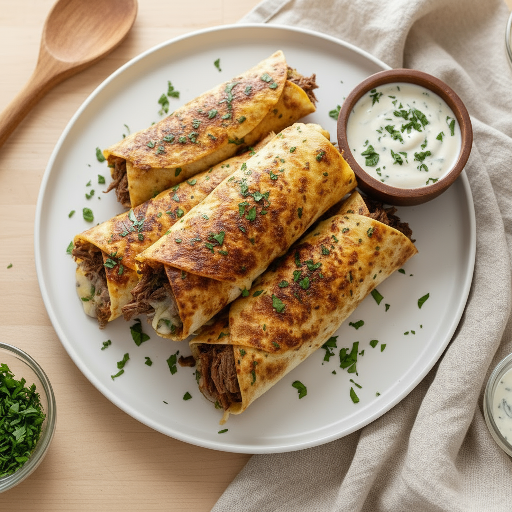 French Dip Tortilla Wraps Rezept - Knusprig, käsig & einfach